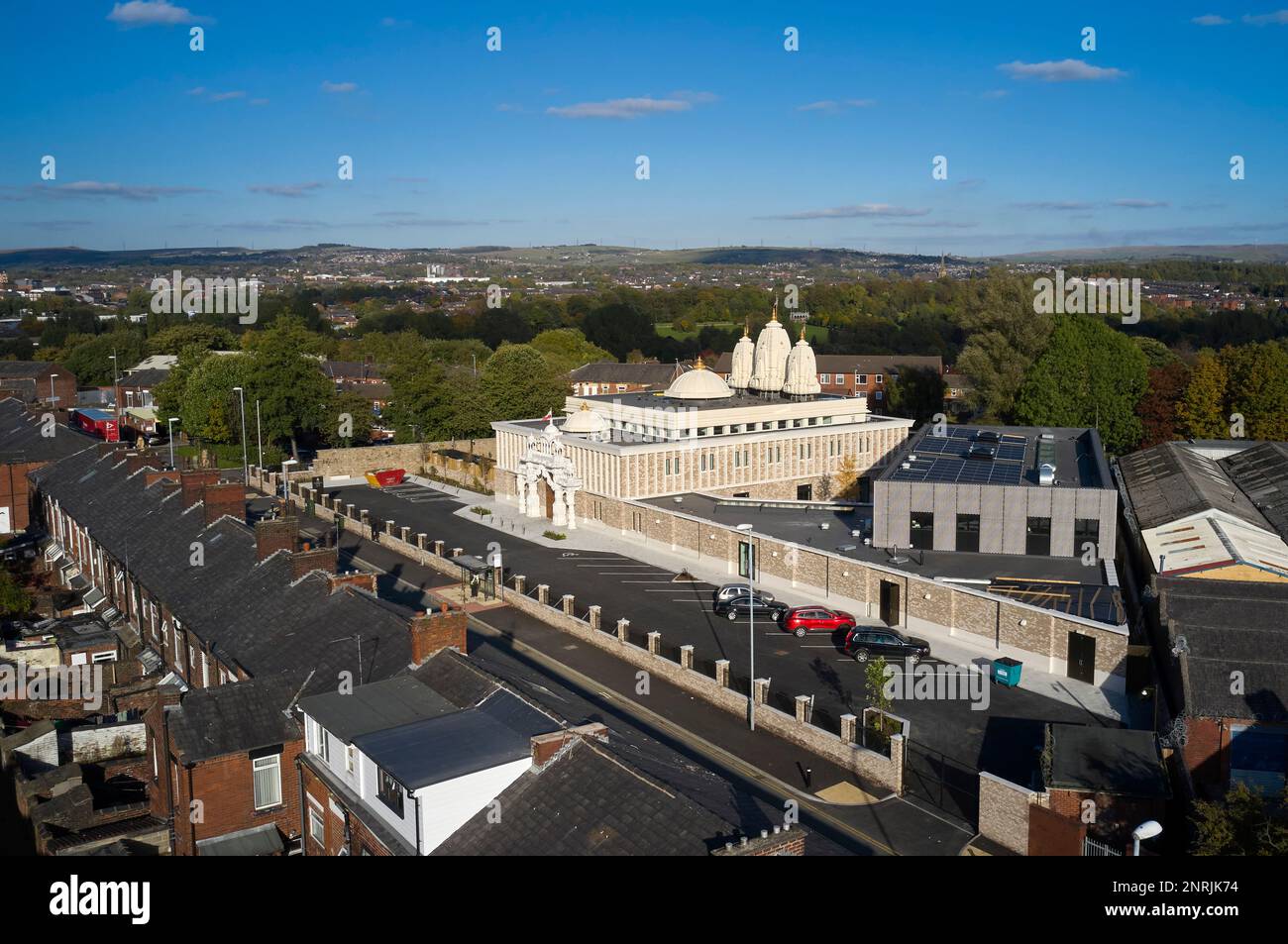 Overall aerial view. Shree Swaminarayan Mandir, Oldham, United Kingdom ...