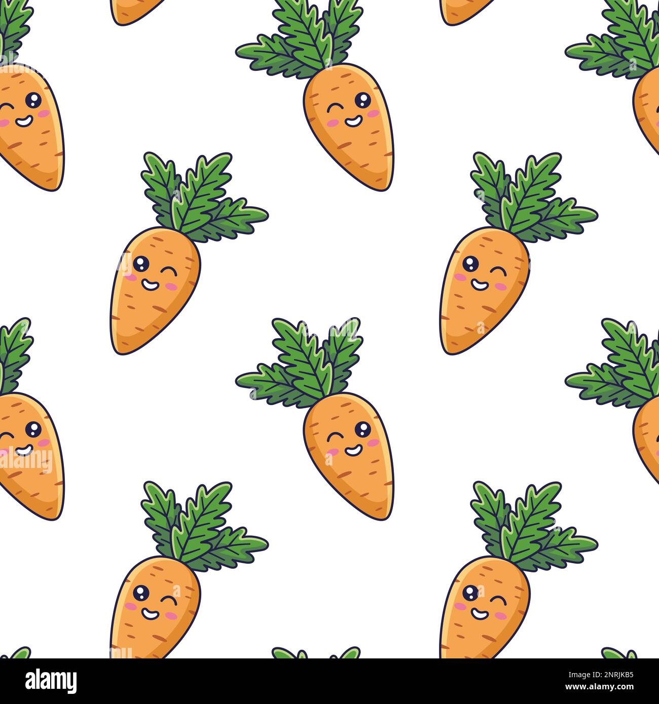 Cute kawaii Carrot seamless pattern in doodle style.. Vector hand drawn ...