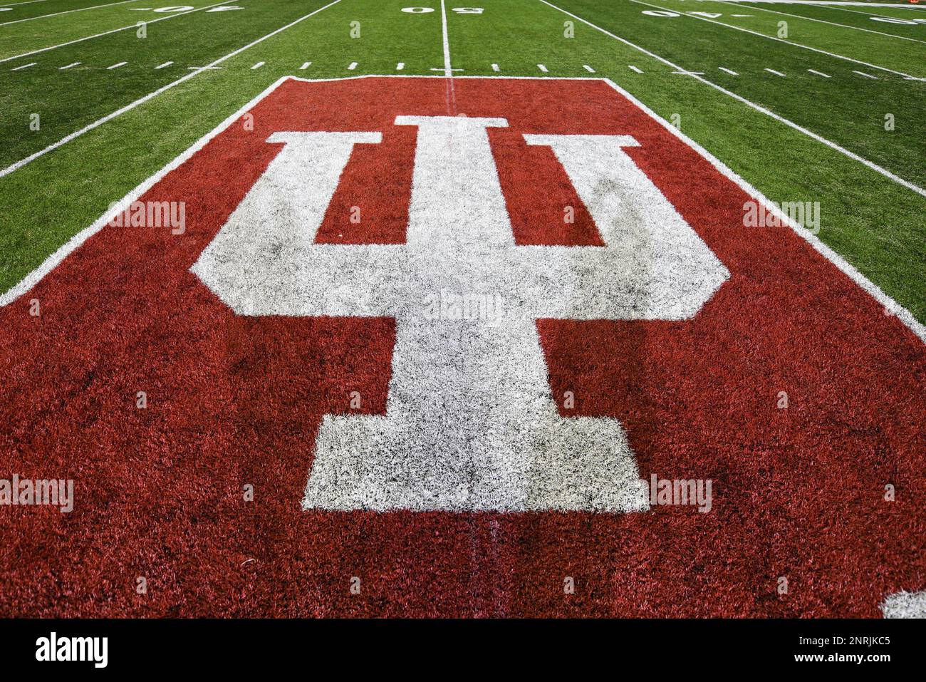 BLOOMINGTON, IN - NOVEMBER 23: The Indiana University logo at mid-field ...