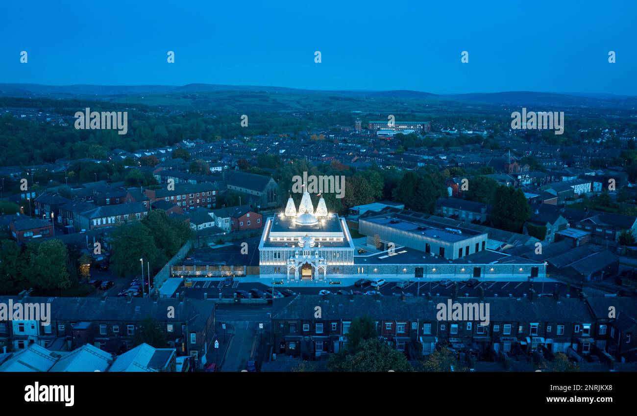 Overall aerial view. Shree Swaminarayan Mandir, Oldham, United Kingdom ...