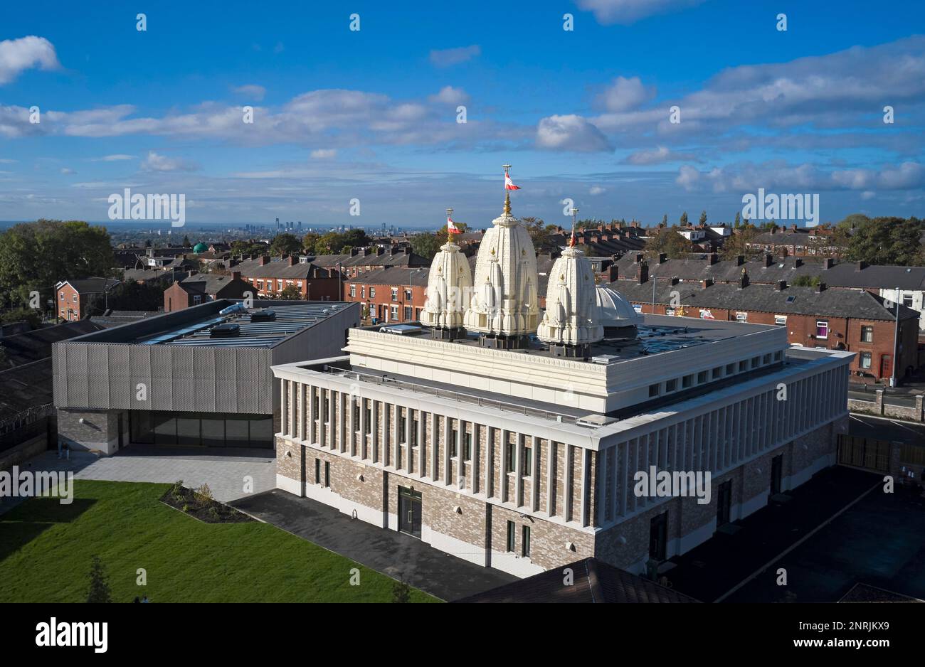 Overall aerial view. Shree Swaminarayan Mandir, Oldham, United Kingdom ...