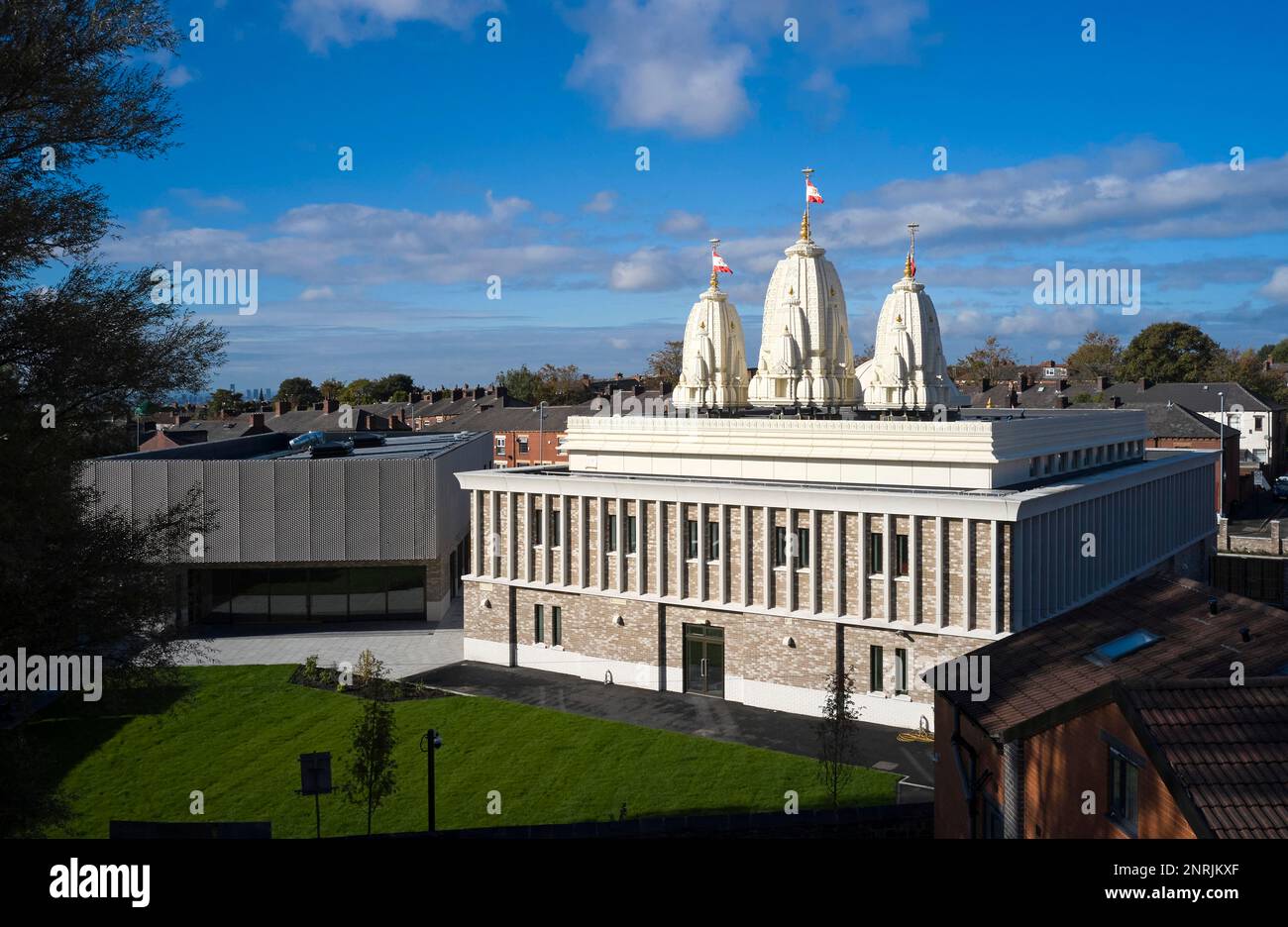 Overall aerial view. Shree Swaminarayan Mandir, Oldham, United Kingdom ...