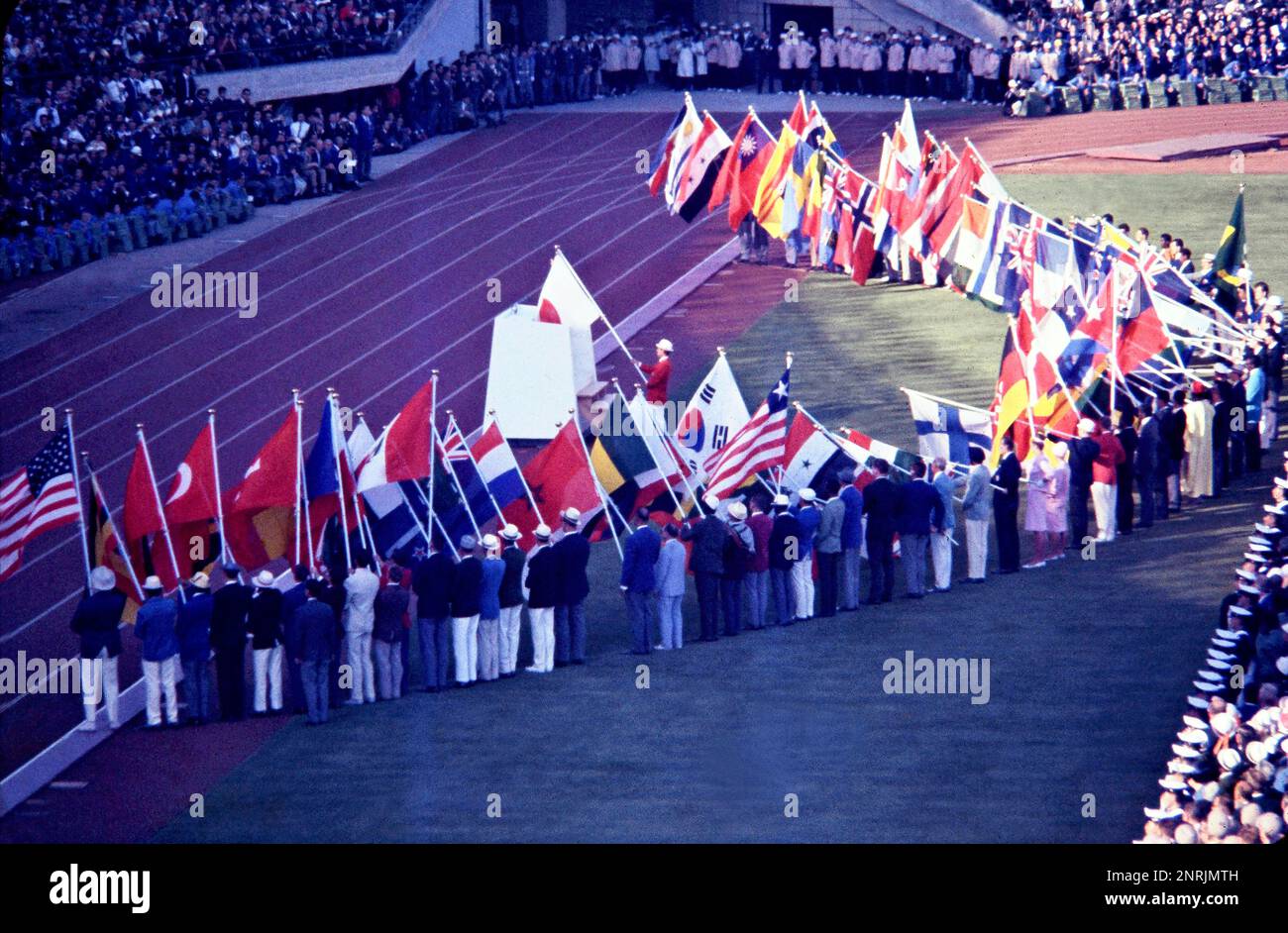 Flags are seen during an opening ceremony of Tokyo Olympic Game at ...