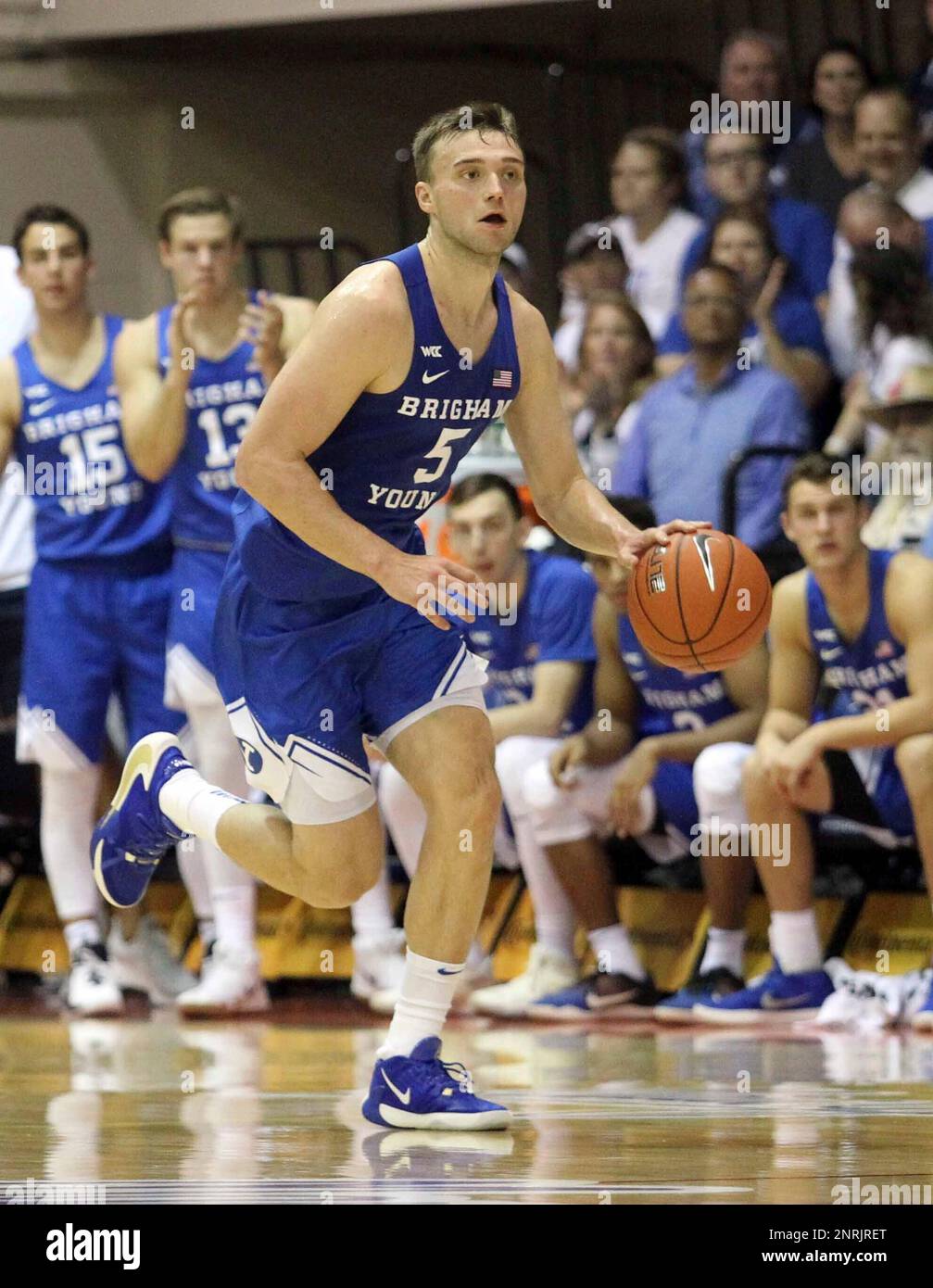 November 23, 2019 - Brigham Young Cougars guard Jake Toolson #5 brings ...