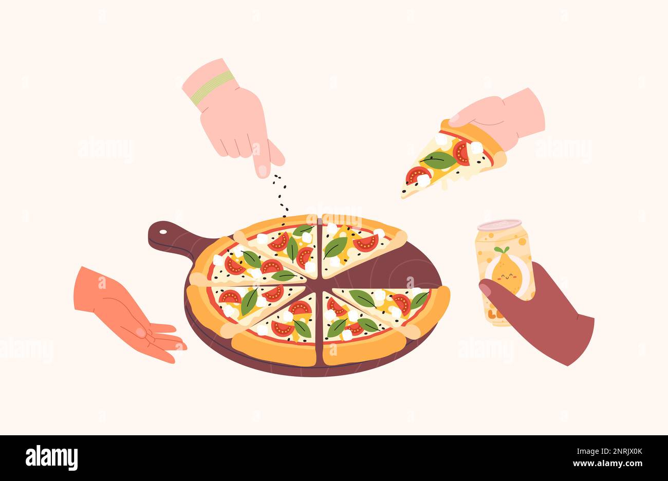 Friends eating pizza together. Meeting with friend, hands hold pizza ...