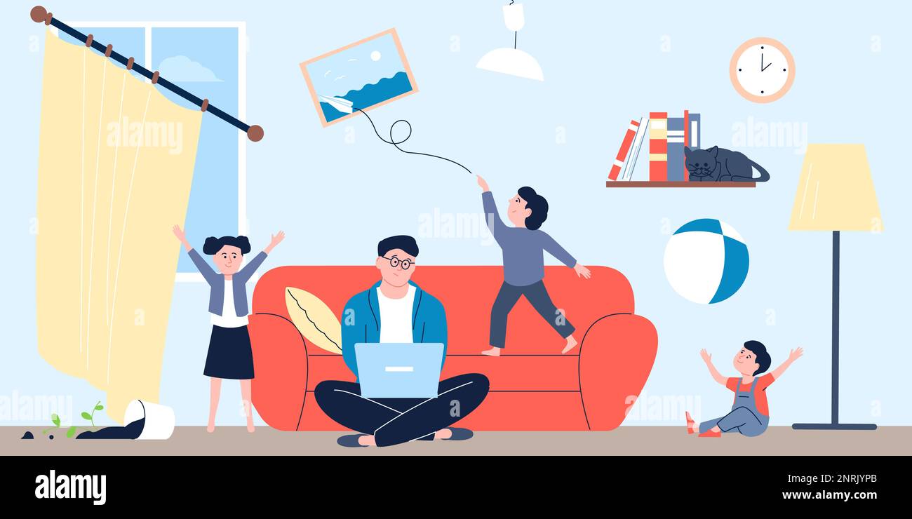 Working at home dad and kids playing around him. Busy father works ...