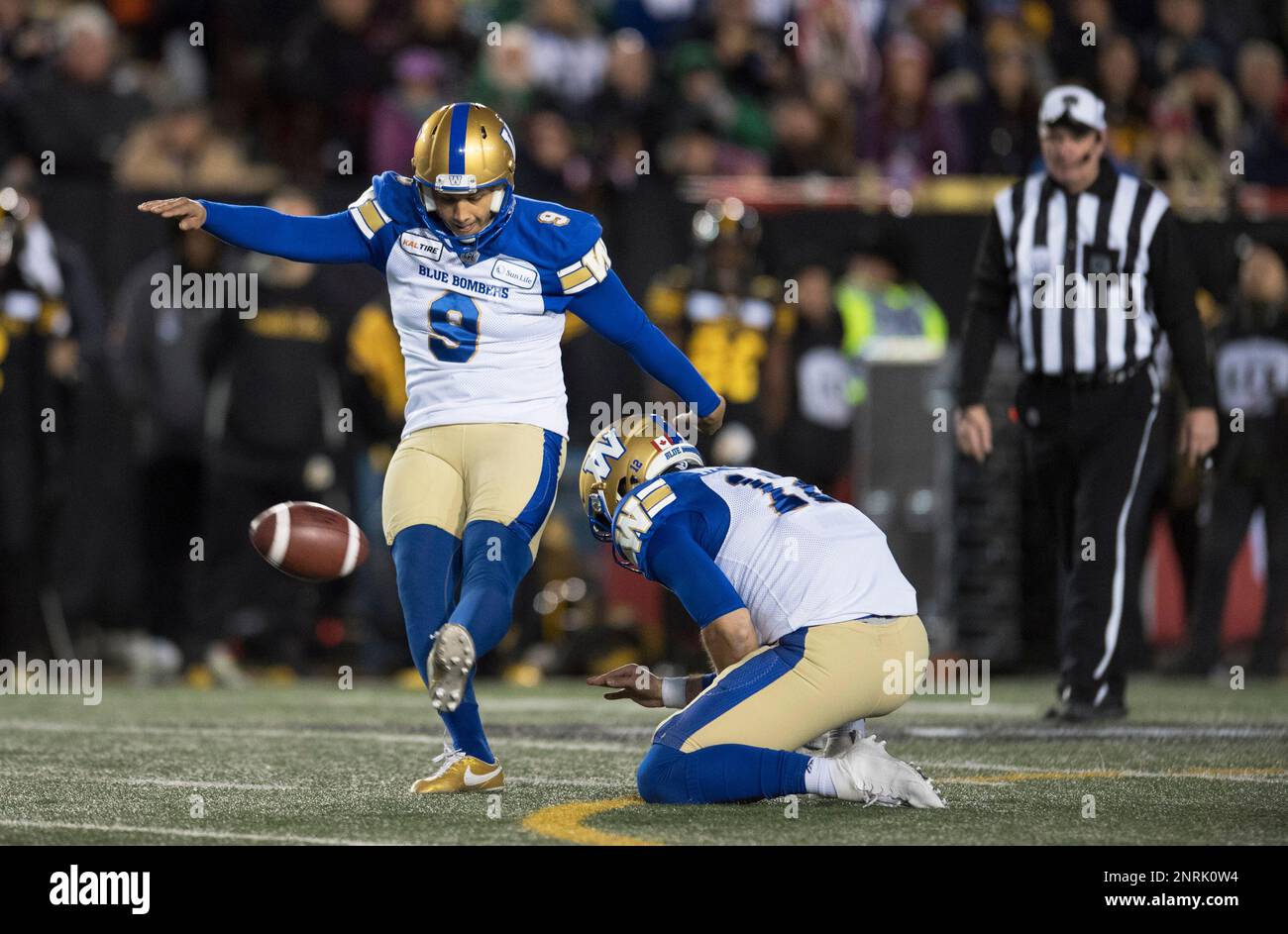 Winnipeg Blue Bombers kicker Justin Medlock tries for a field goal ...