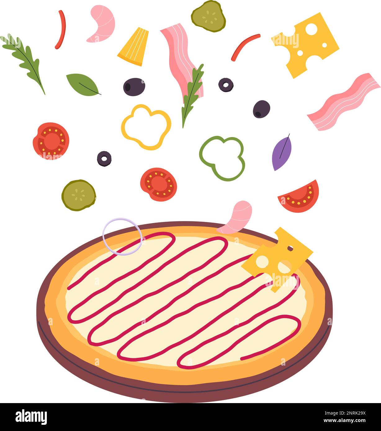 Tasty pizza flying raw ingredients. Various pizzas toppings, cheese ...