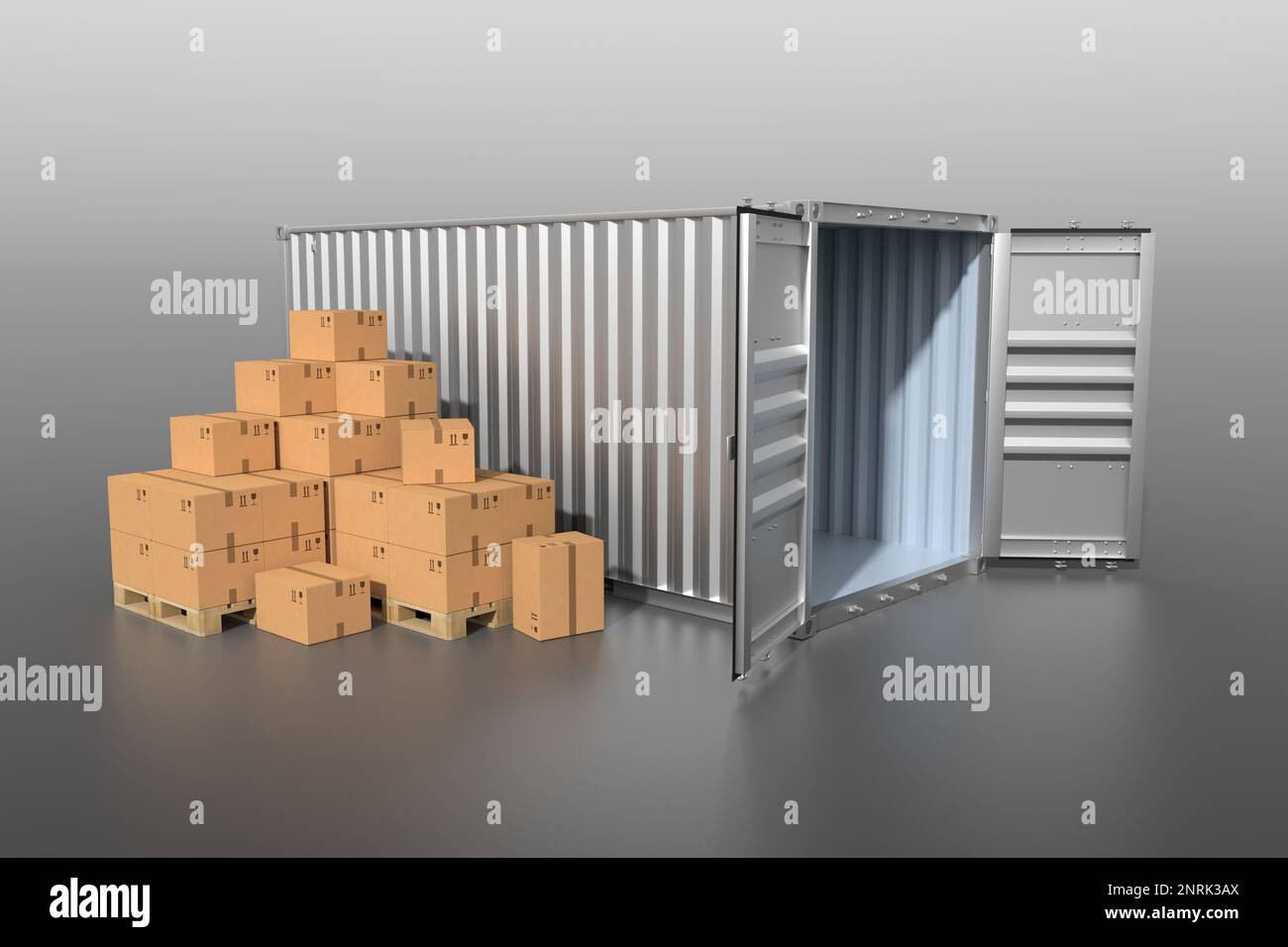 Ship cargo container side view with cardboard boxes Stock Photo - Alamy