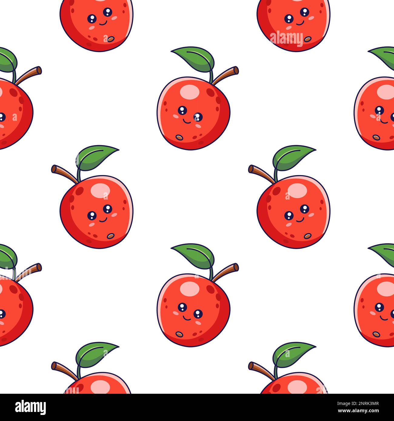 Cute kawaii red Apple seamless pattern in doodle style. Vector hand ...