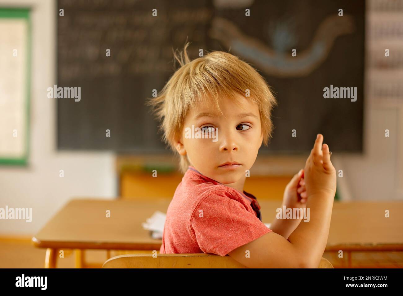 Preschool child, sitting on a desk at school, having lesson, learning ...