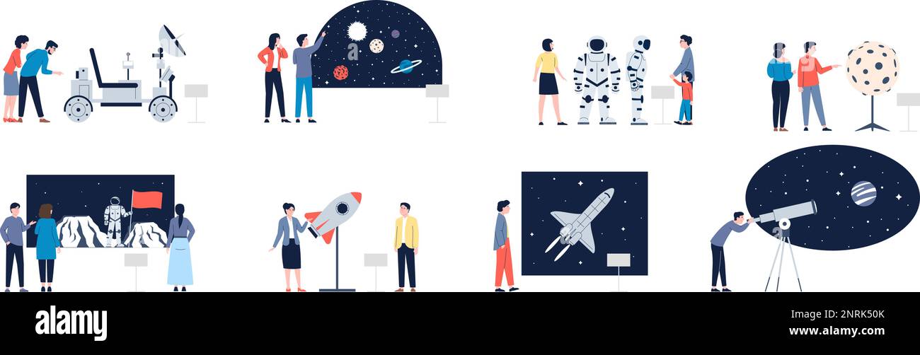 Planetarium solar system exhibition, people study astronomy. Couple and family looking on ...