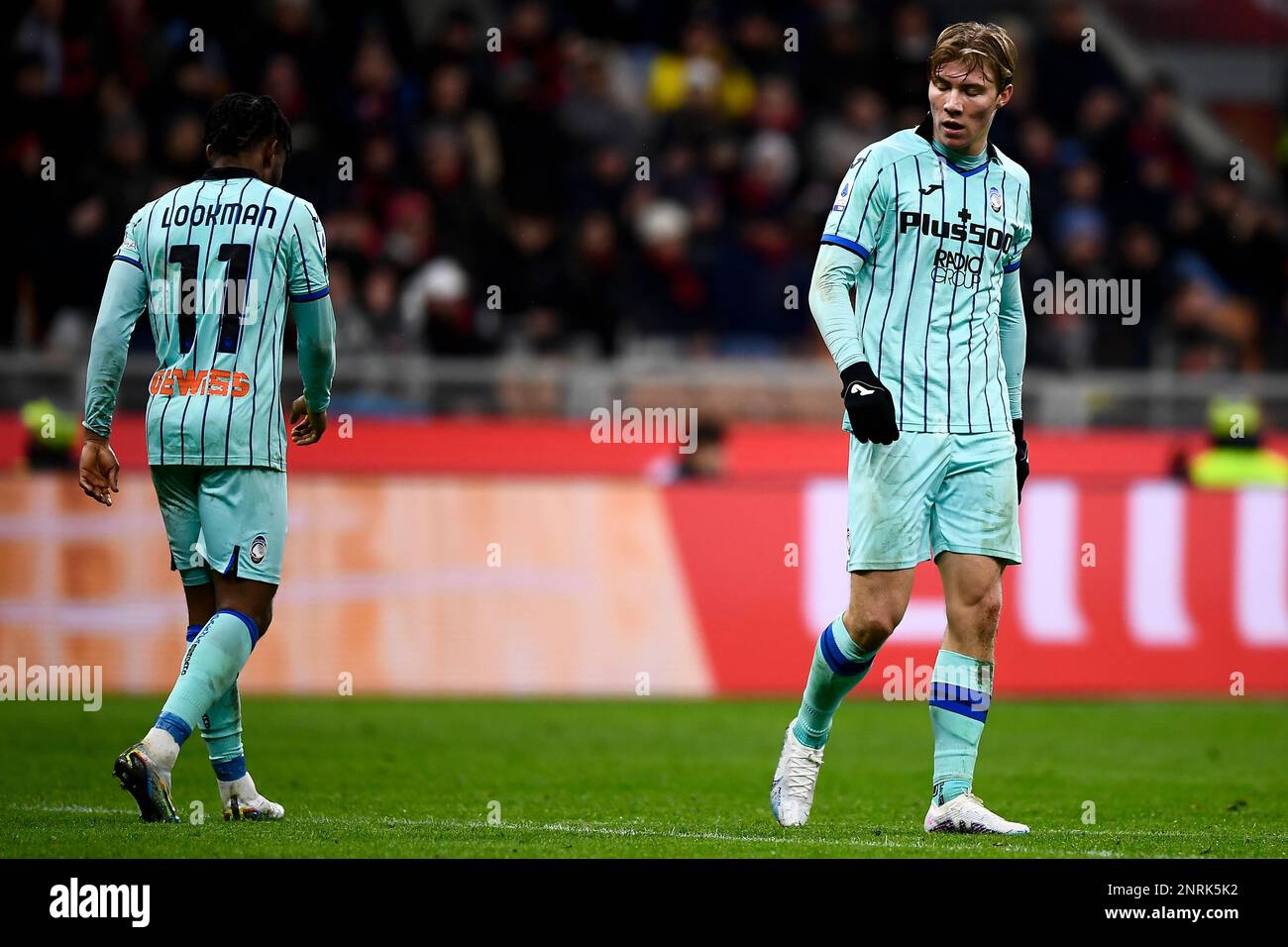 Milan, Italy. 26 February 2023. Rasmus Hojlund and Ademola Lookman of ...
