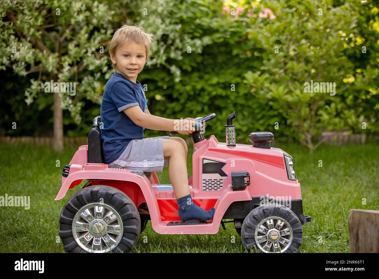 Preschool child, blond boy, riding a tractor in a garden, childhood ...