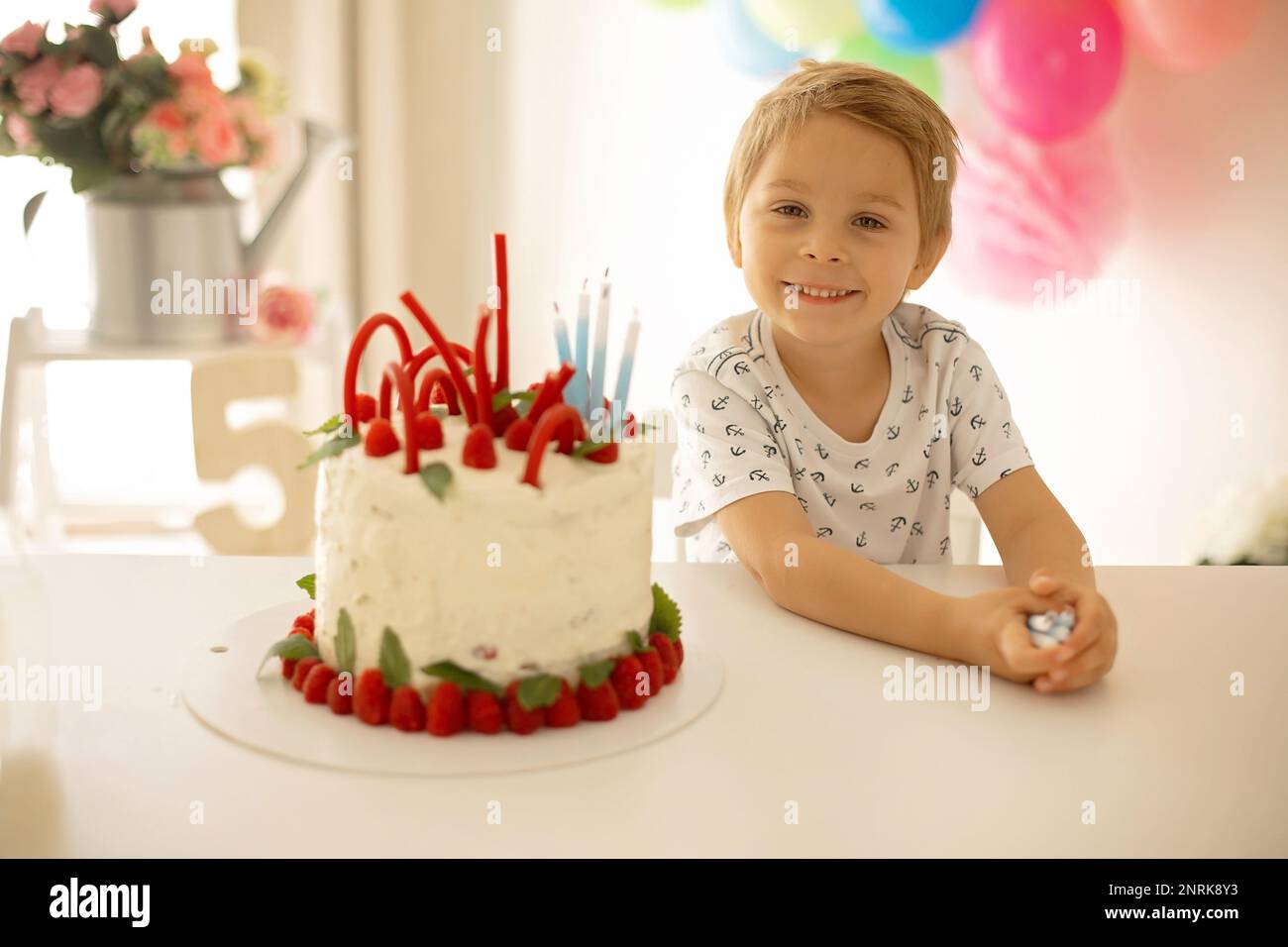 Cute child, preschool boy, celebrating birthday at home with homemade ...