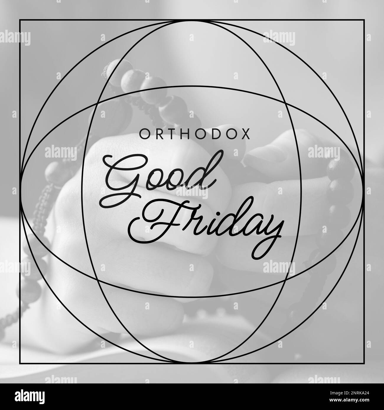 Composite of orthodox good friday text in geometric shapes over rosary ...