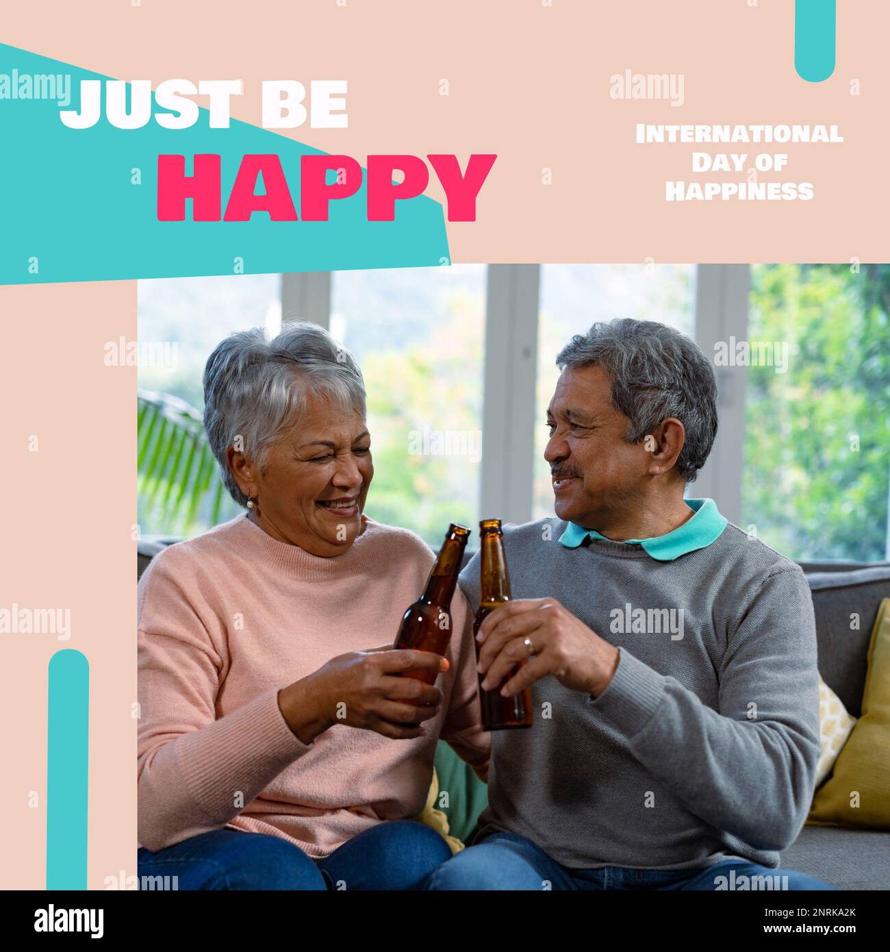 Image of international day of happiness text over happy senior biracial ...