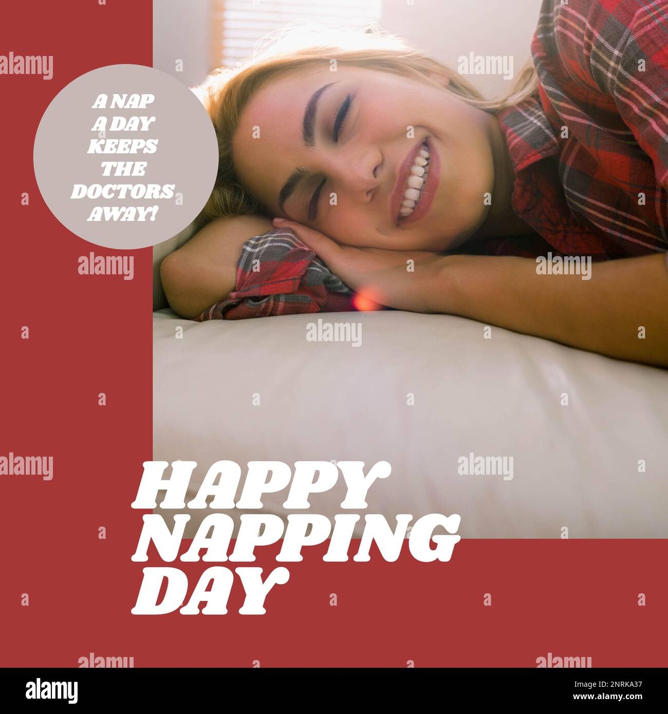 Image of happy napping day text over happy caucasian woman lying on bed. National napping day ...