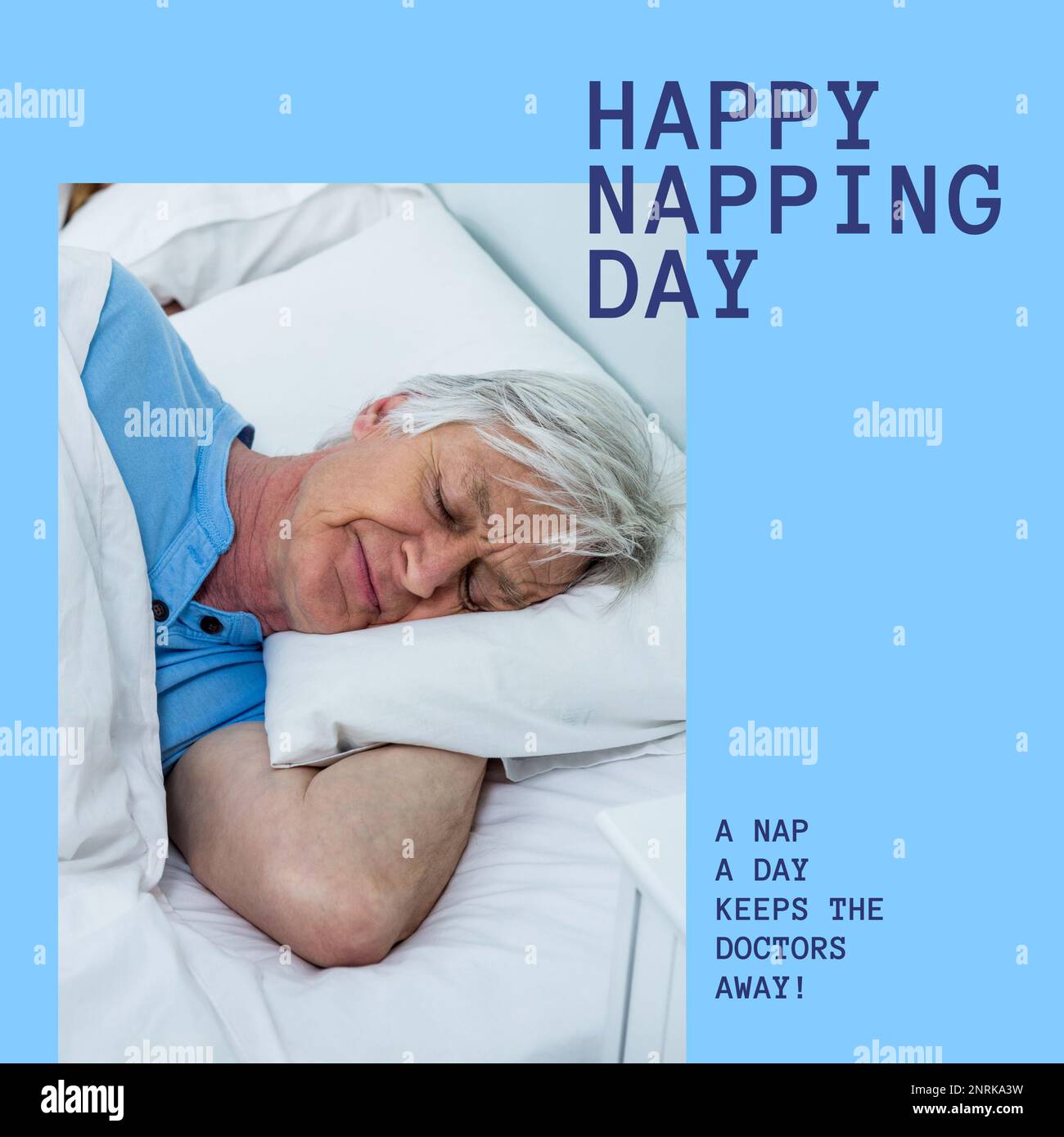 Image of happy napping day text over senior caucasian man sleeping in ...
