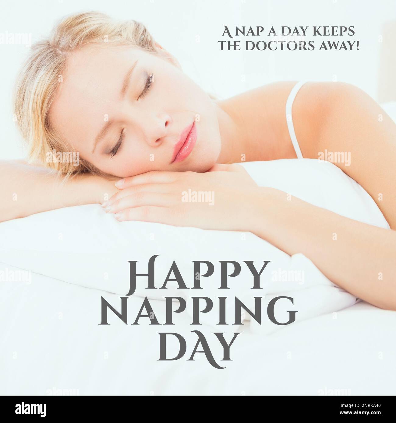 Image of happy napping day text over caucasian woman sleeping in bed. National napping day and ...