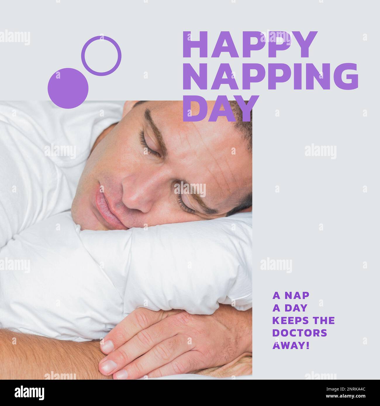 Image of happy napping day text over caucasian man sleeping in bed ...