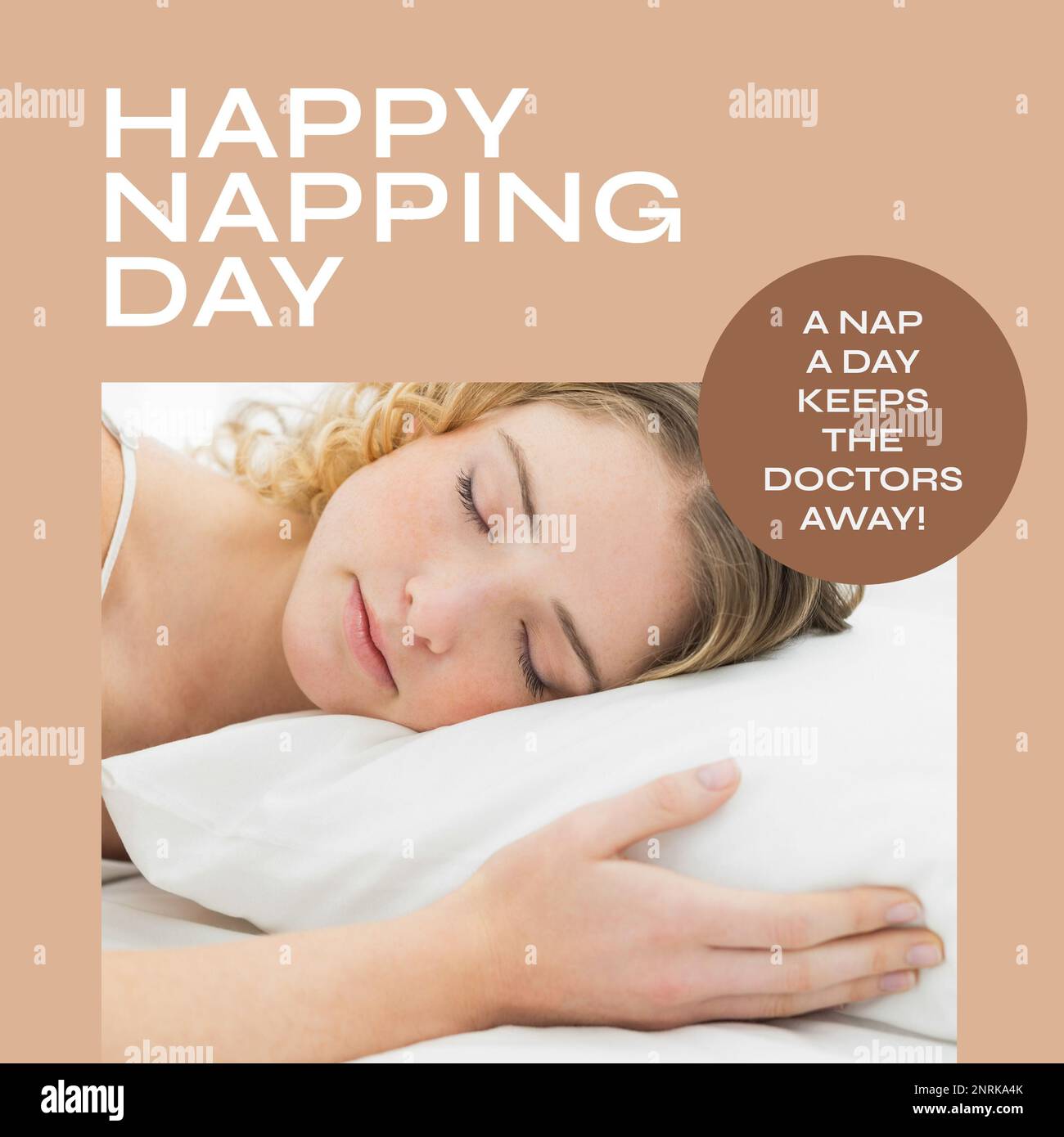 Image of happy napping day text over caucasian woman sleeping in bed. National napping day and ...