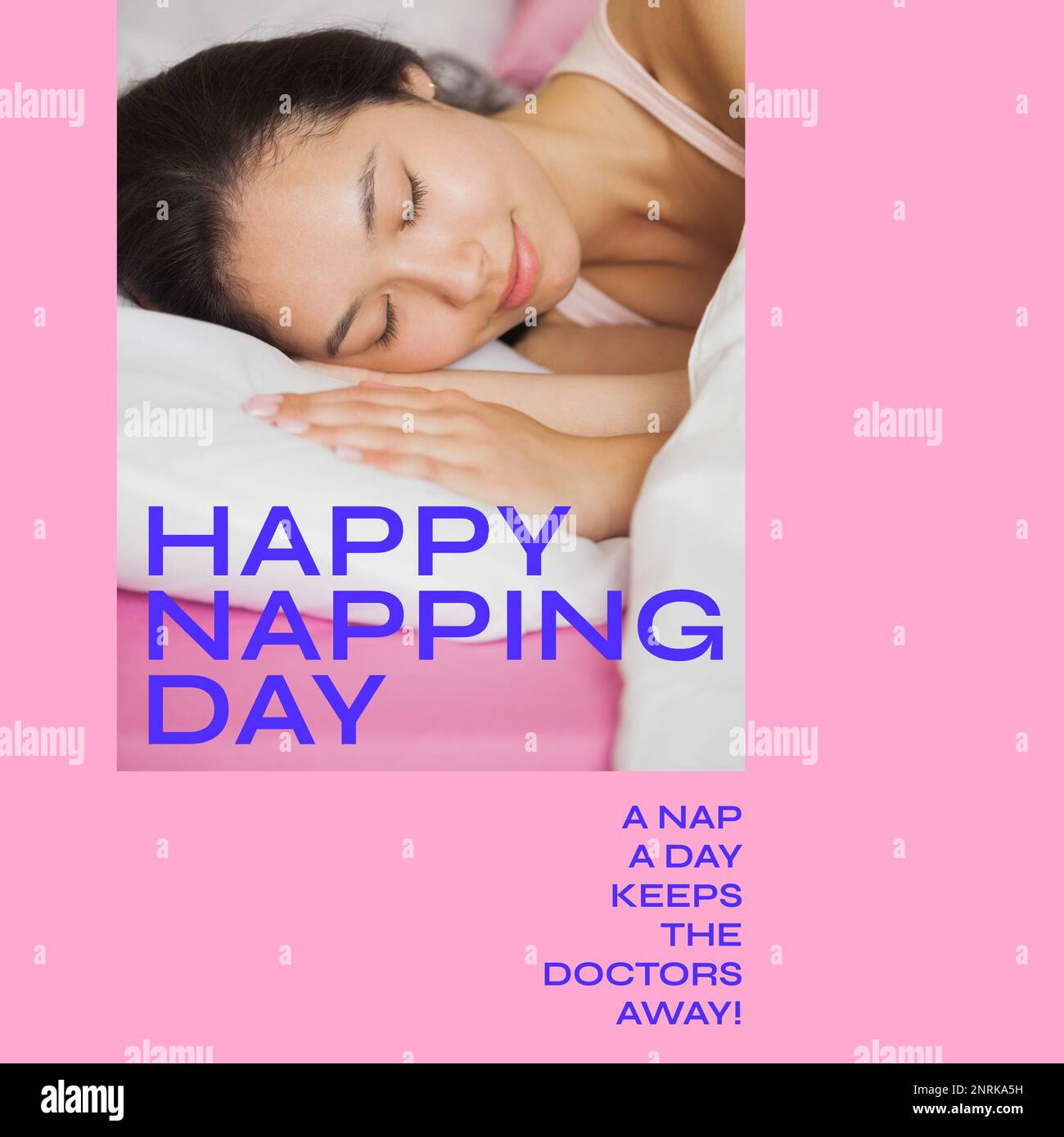 Image of happy napping day text over asian woman sleeping in bed ...