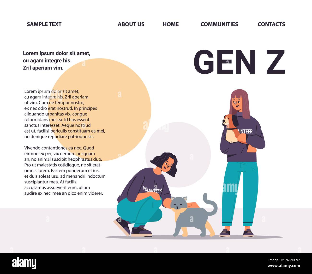 young man woman volunteers with dog and cat animals generation Z ...