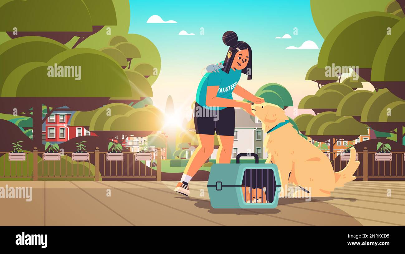 young woman volunteer with dog and rat animals generation Z lifestyle ...