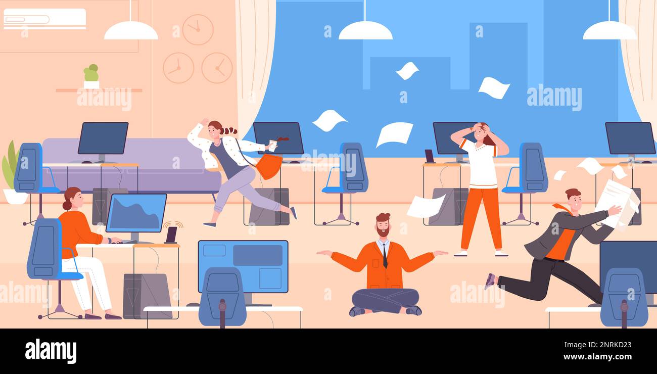 Office chaos meditation. Calm businessman zen levitating at office desk ...