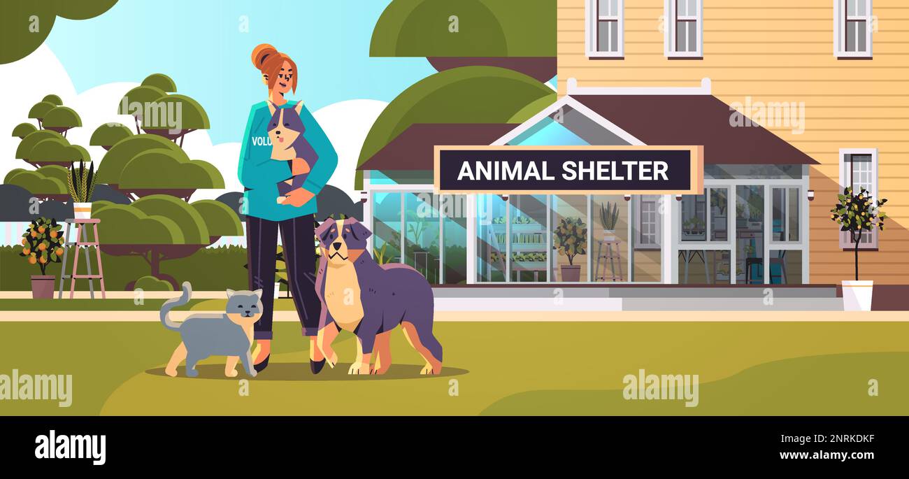 young woman volunteer with dog and cat generation Z lifestyle animal ...