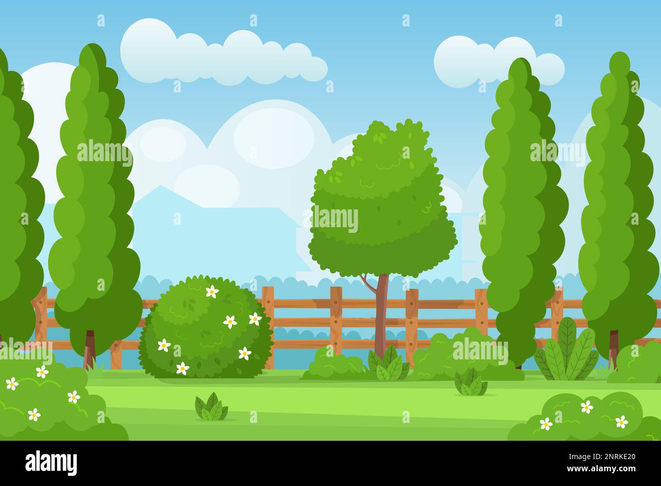 Garden hedge landscape. Empty fenced backyard, country jardin park with ...