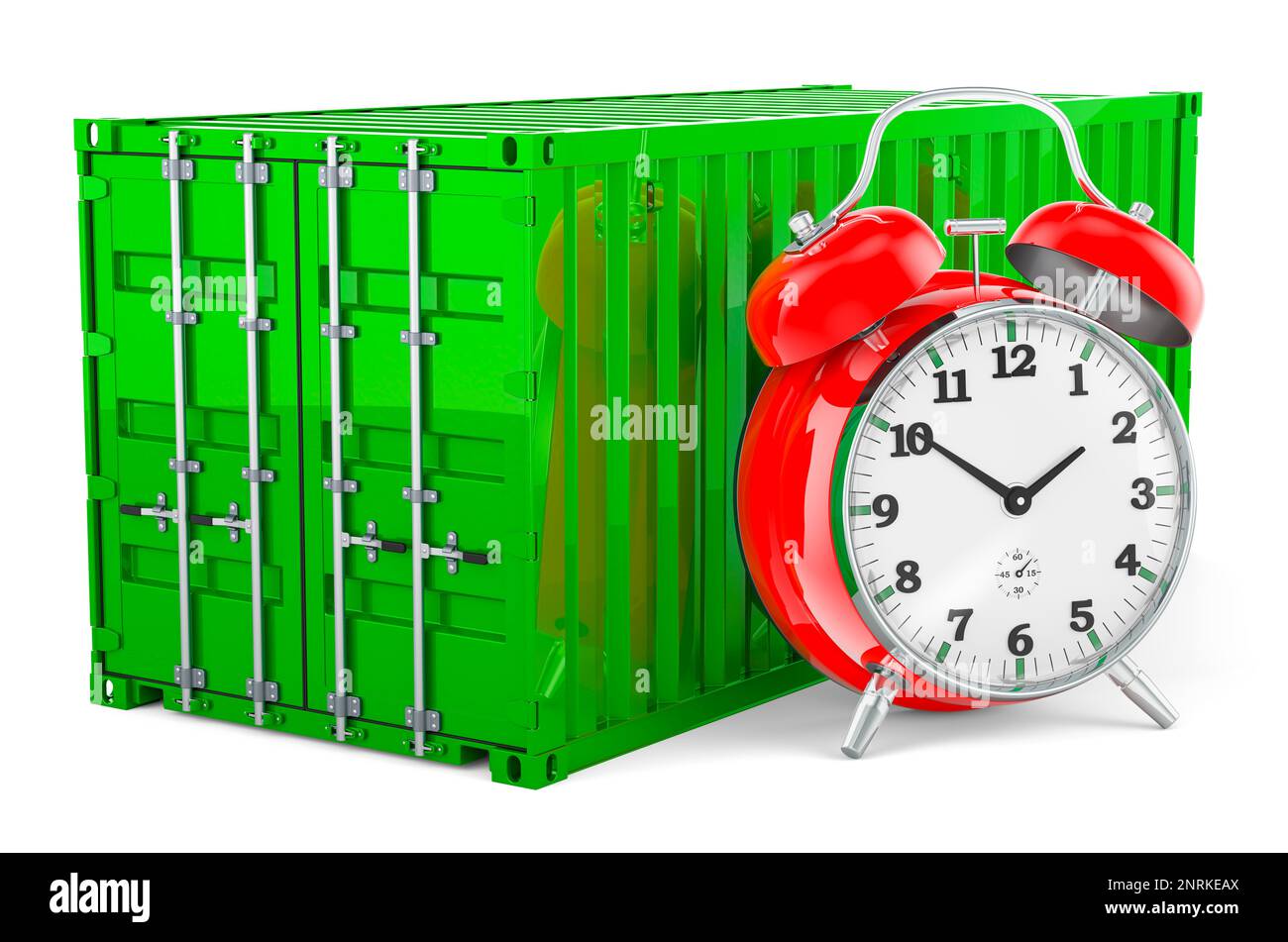 Green cargo container shipping freight with alarm clock, 3D rendering isolated on white ...