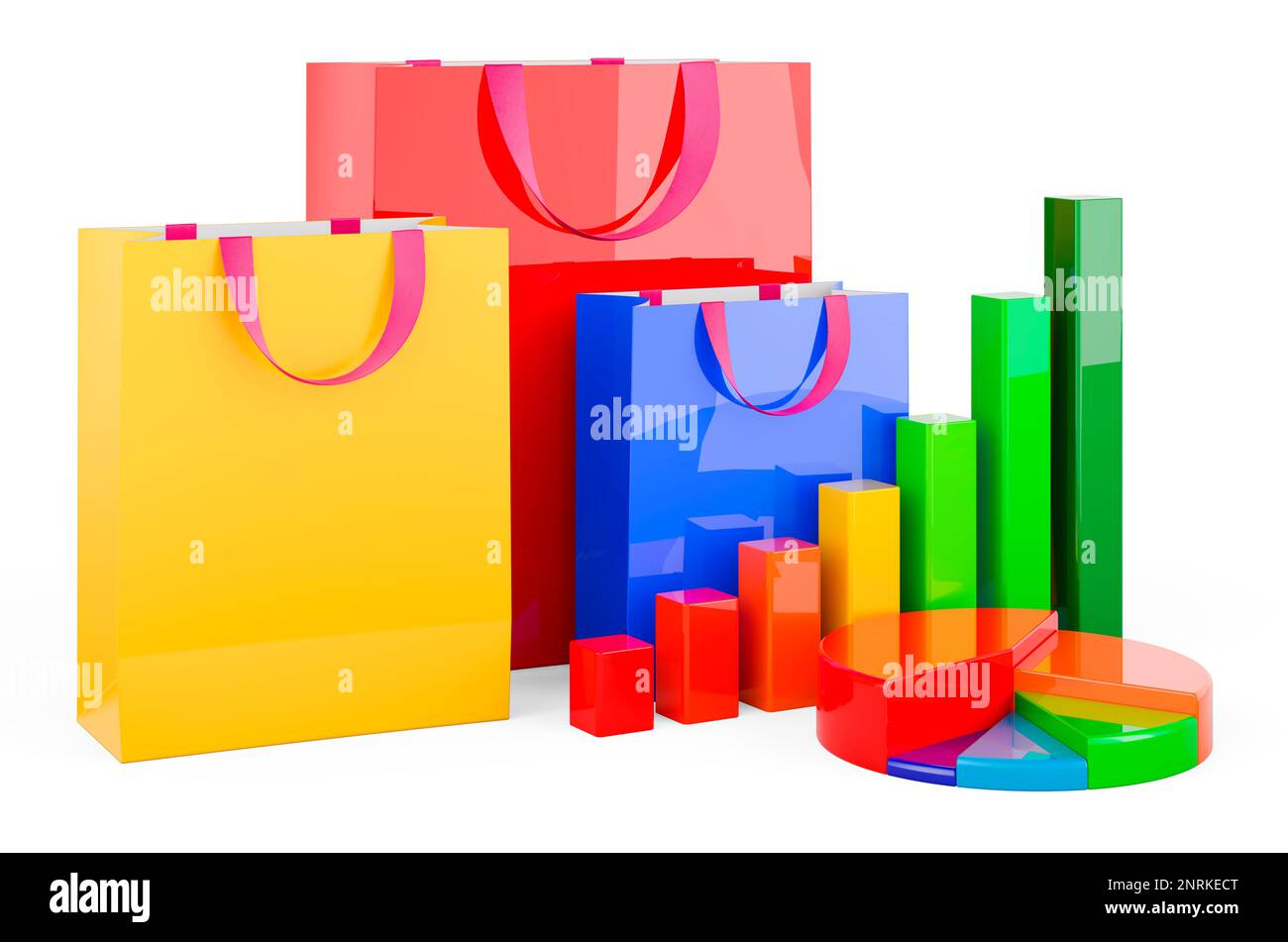Shopping bags with growth bar graph and pie chart. 3D rendering ...