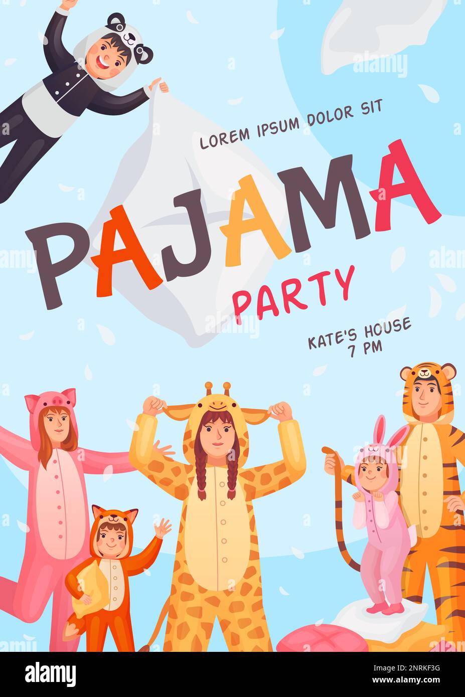Pajama party invitation. Child teenager and adult people invite friends ...