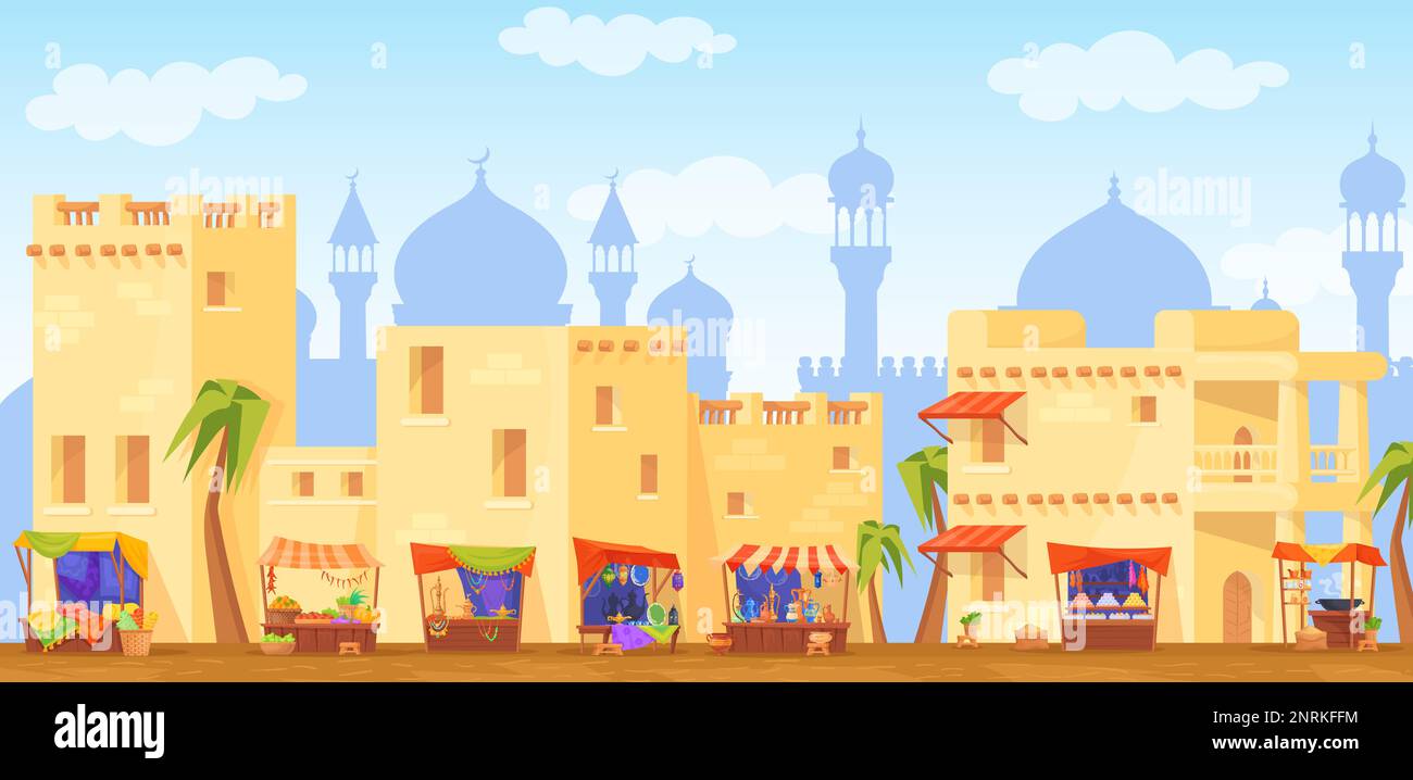 Traditional arabic market. Panorama arabian bazaar ancient building ...