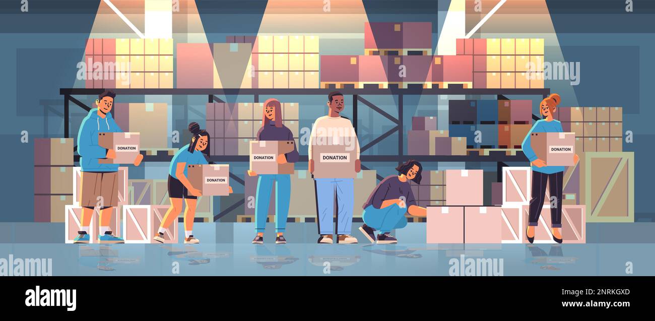 young people holding donation help boxes humanitarian aid material ...