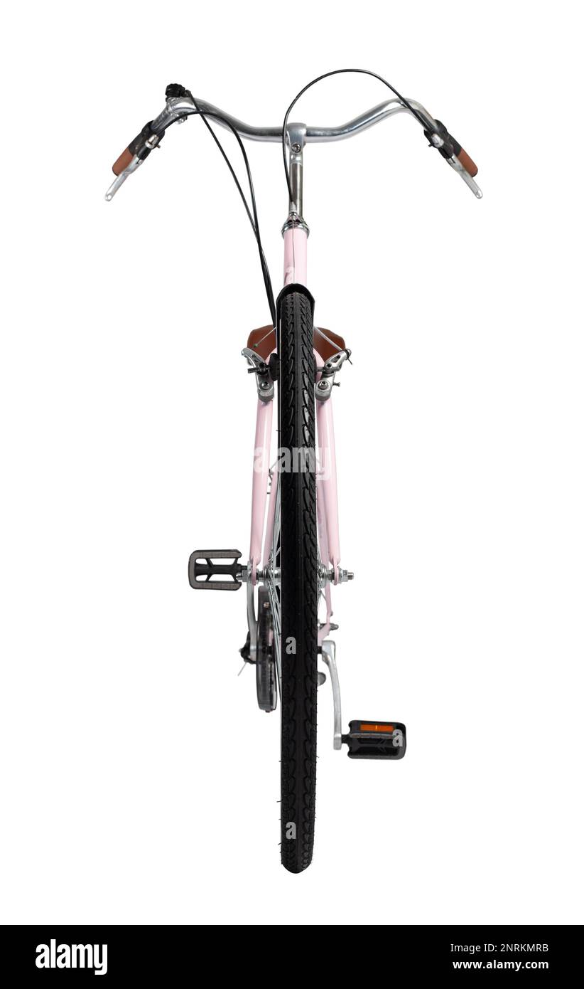 Pink retro bicycle with brown saddle and handles, generic bike front ...