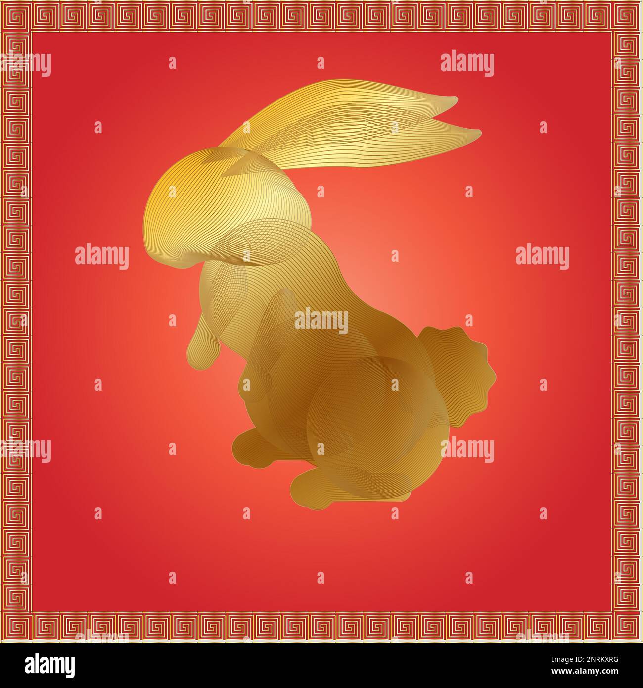 Lino-cut rabbit art symbolized which stand on summer red radial ...