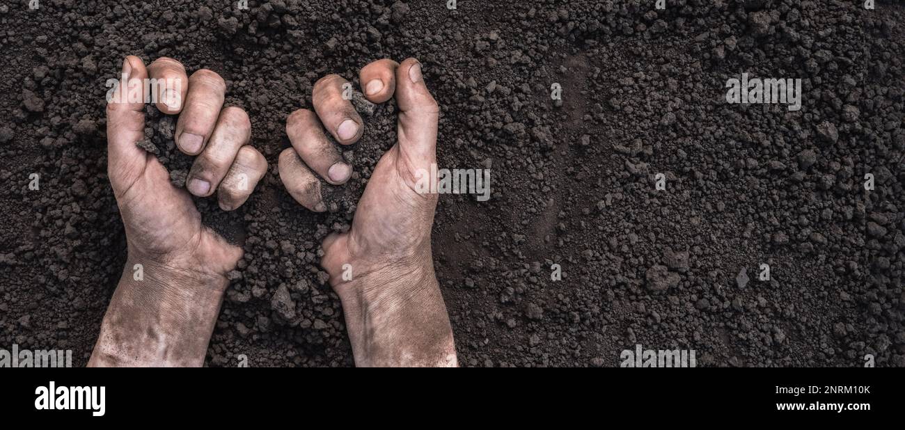 Farmer hands full of soil earth ground. Fertile soil background ...