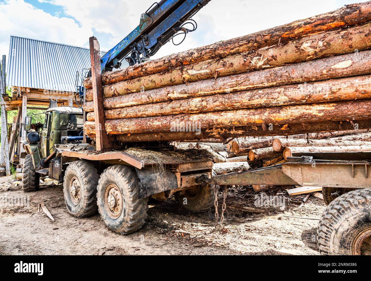 Timber carrier with sawn logs at the wood storage place. Forest ...