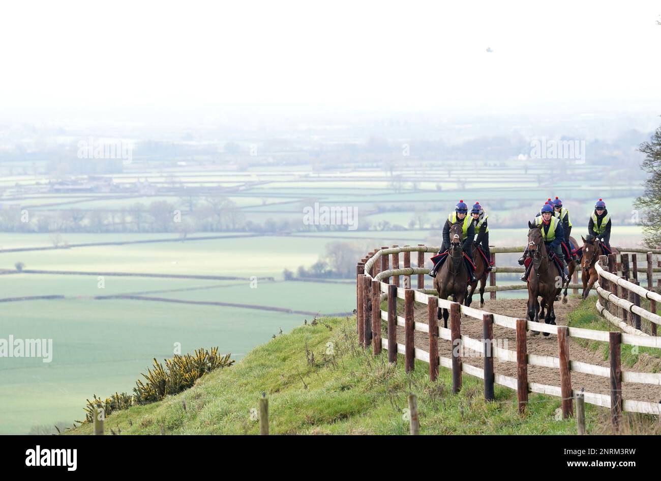 Horses and riders on the gallops during a visit to Manor Farm Stables ...