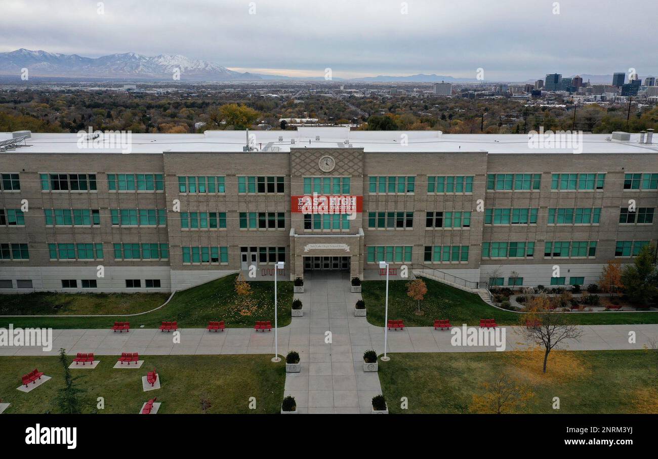 This Oct. 28, 2019 photo, shows the facade of East High School in Salt ...
