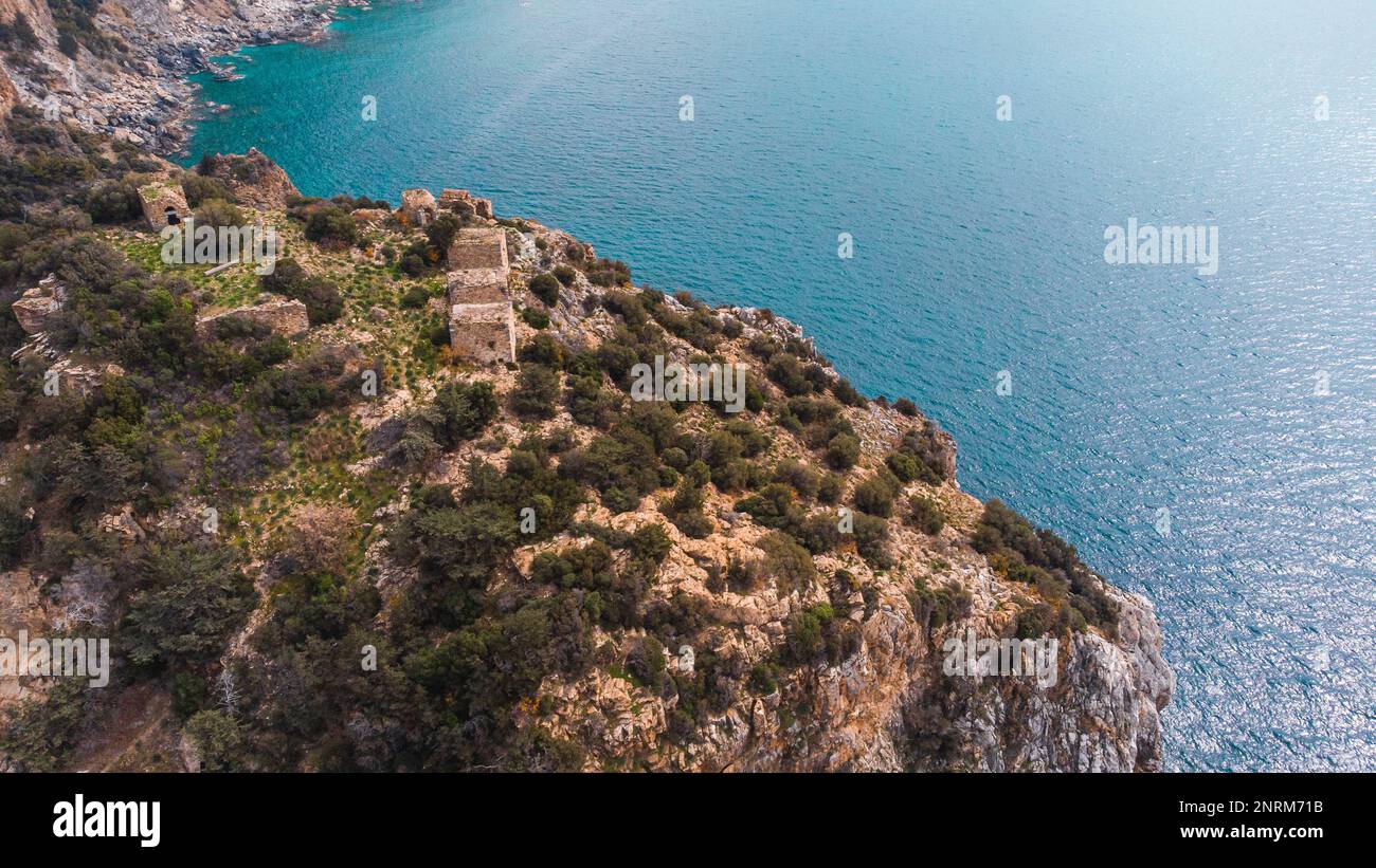 Aerial view of ancient ruins and a beautiful natural bay Stock Photo ...