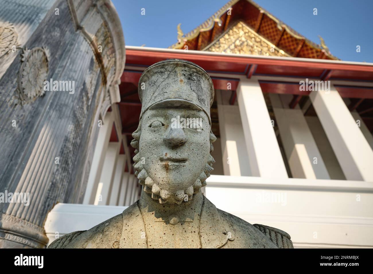 A more than life-size stone statue of a bearded European soldier of the ...