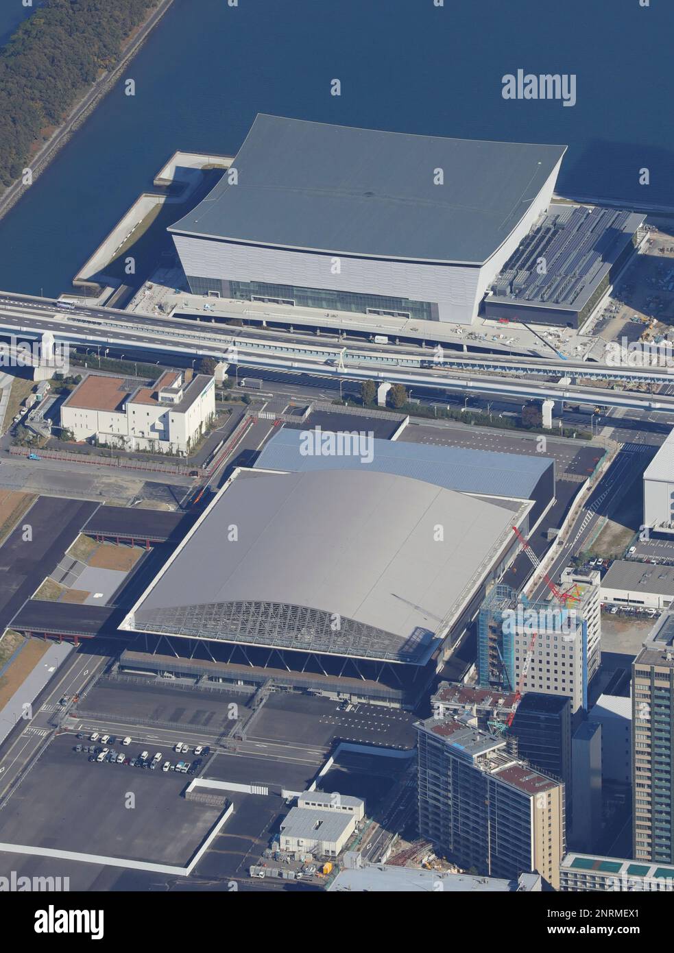 An aerial photo shows Ariake Arena (top), and Ariake Gymnastics Centre ...