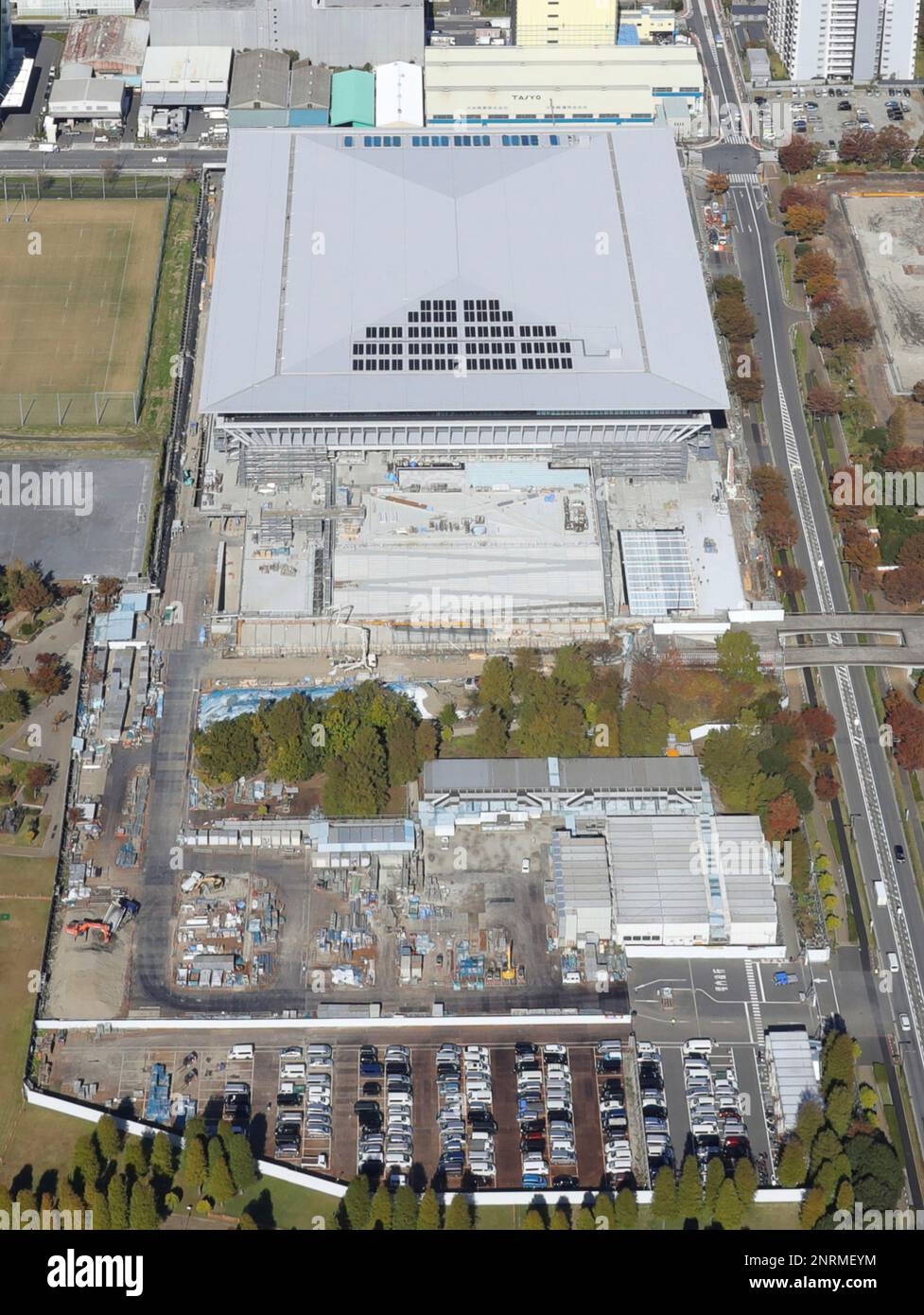An aerial photo shows Tokyo Aquatics Centre under construction in Koto ...