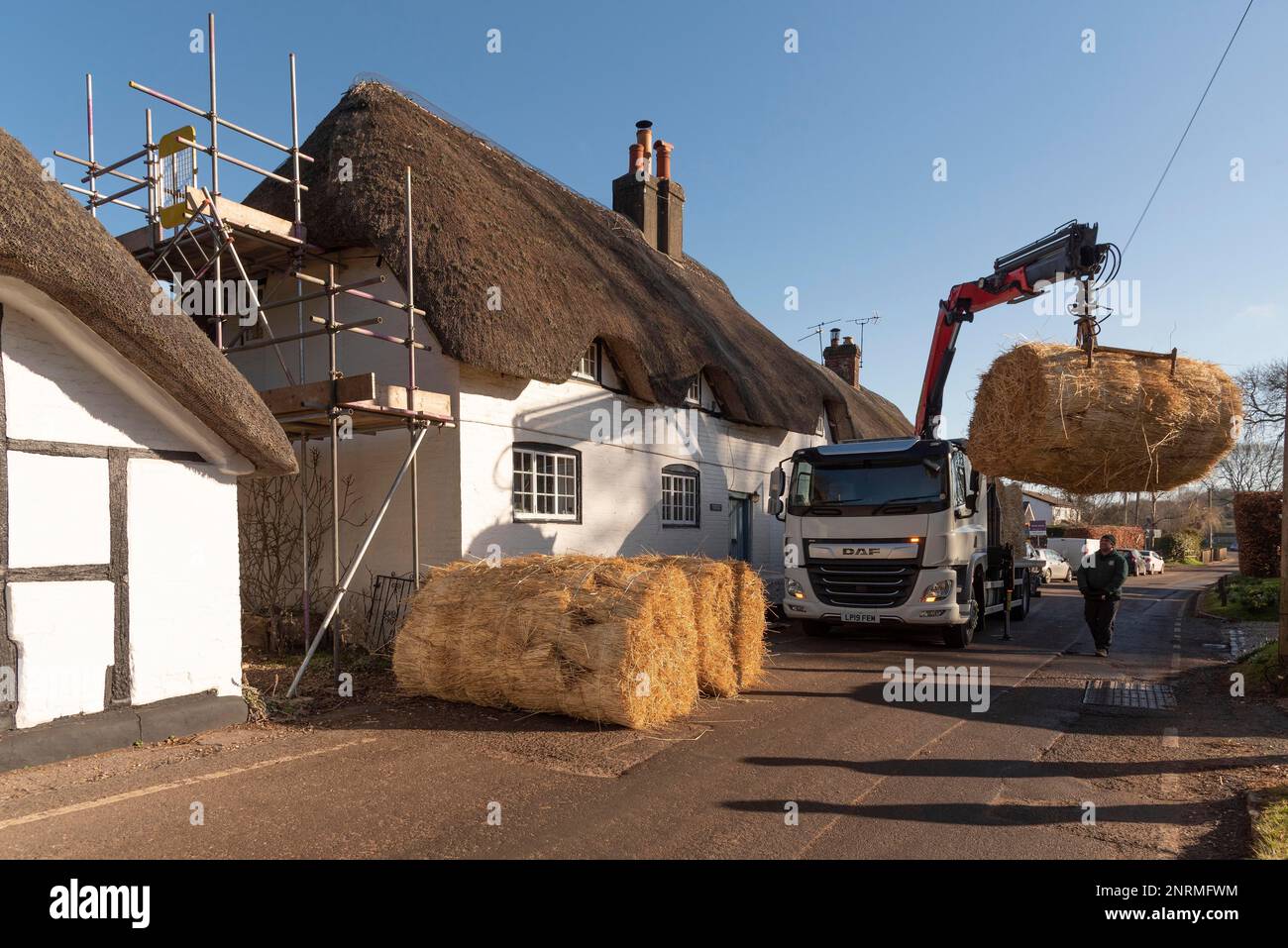 Hampshire, England, UK. 2023. Bales of thatching straw being offloaded ...