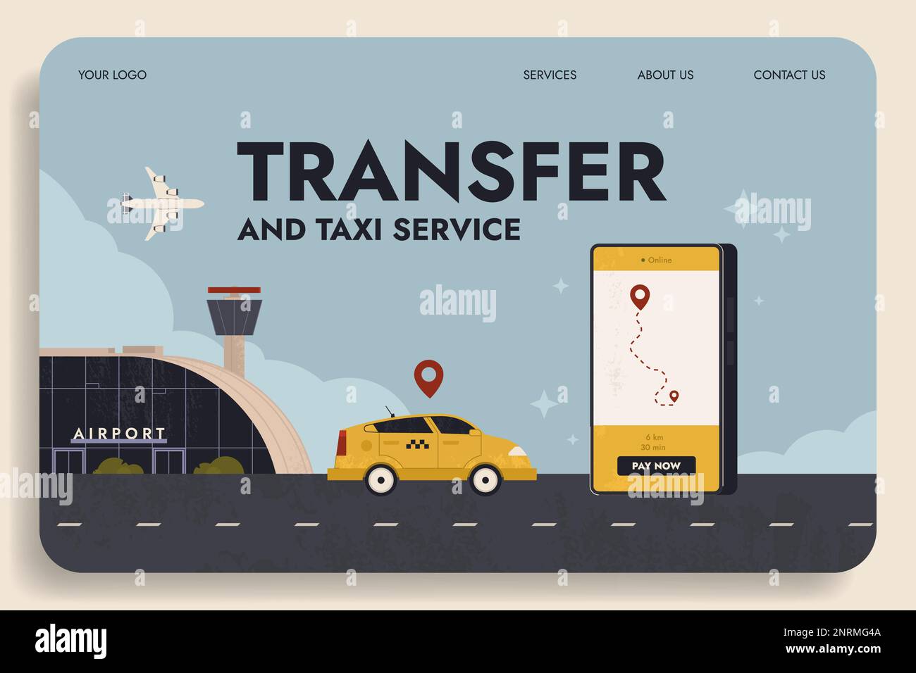 Taxi online service landing page. Urban cityscape with airport terminal ...