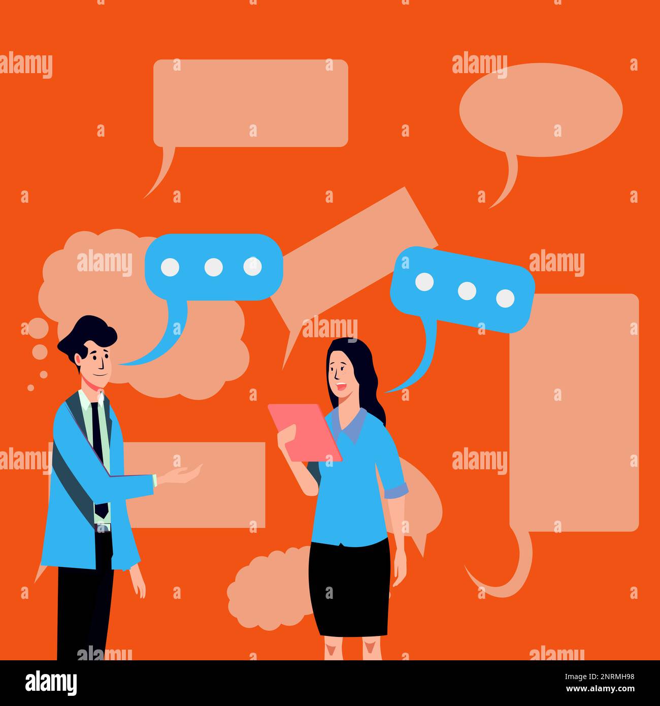 Man and woman discussing current news. Two white dialog bubbles over ...